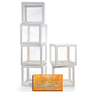 White Transparent Balloon Boxes With 78 Letters, Name Boxes for Baby Shower, Clear Baby Box Blocks Backdrop for 1st Birthday, Bridal Shower, Graduation Prom Party, Gender Reveal Decoration, 6 PCS