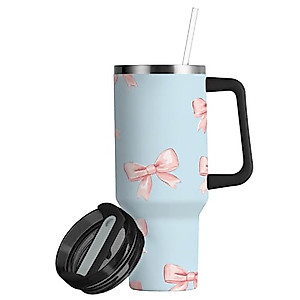 Flradish 30oz Tumbler with Handle, Pink Bows Stainless Steel Tumbler with Lid and Straws Double Wall Vacuum Insulated Leakproof Coffee Travel Mug