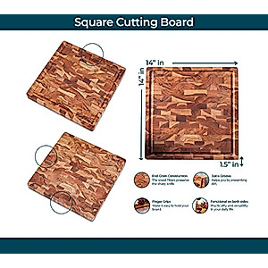 Weekolor, Square Butcher Block Cutting Board, Teak Wood End Grain, Thick Prep Station 14x14x1.5 in, Juice Groove, Reversible Charcuterie Board, Vegetable, Fruit, Bread Cheese Board