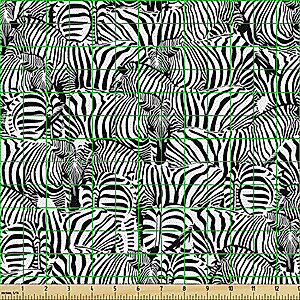 Lunarable Zebra Fabric by The Yard, Savannah Fauna Herd with Black Stripes Design Monochrome Illustration, Decorative Fabric for Upholstery and Home Accents, 1 Yard, Black and White