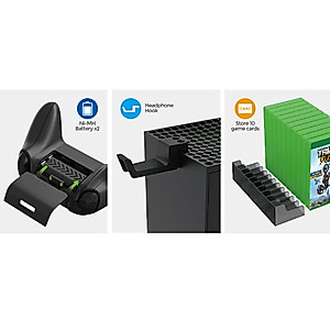 GAMFAMI Vertical Stand Compatible with Xbox Series X Console, Dual Charging Station with 2 Rechargeable Battery for Xbox Series X Controller, with 10 Game Card Slot and Headphones Holder & 4 Cover…