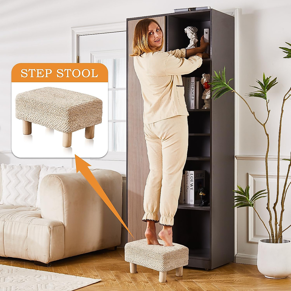 Cpintltr Foot Stool Ottoman Rectangular Footrest Pouf Ottomans Natural Seagrass Footstool with Wooden Legs Hand Weave Step Stool for Living Room Bedroom Entryway Natural White