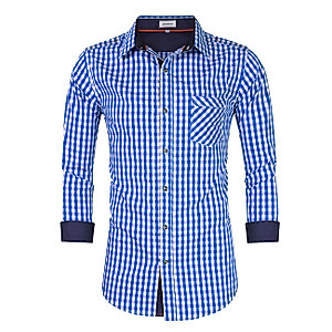 Clearlove Men's Long Sleeve Checkered Bavarian Oktoberfest Shirt for Lederhosen Blue S