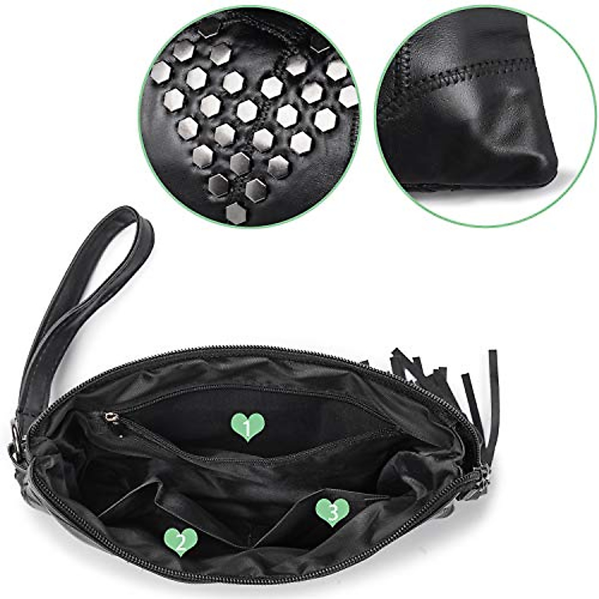 LaRechor Small Crossbody Purse for Women Rivets Clutch Handbag with Tassel Zip & Wrist Strap Bag