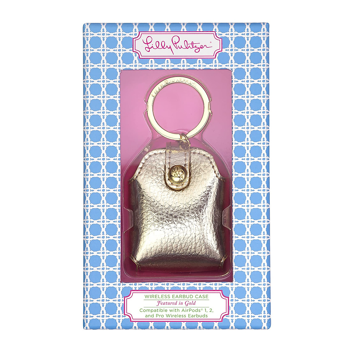 Lilly Pulitzer Leatherette AirPods Holder, Cute Keychain Case with Access to Charging Port (Gold)
