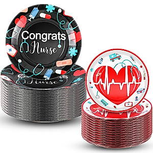 Hortsun 144 Pieces Nurse Graduation Party Supplies Nurse Week Paper Plates Bulk Medical Birthday Party Tableware Set Disposable Plates for Nurse Day Tableware Decoration