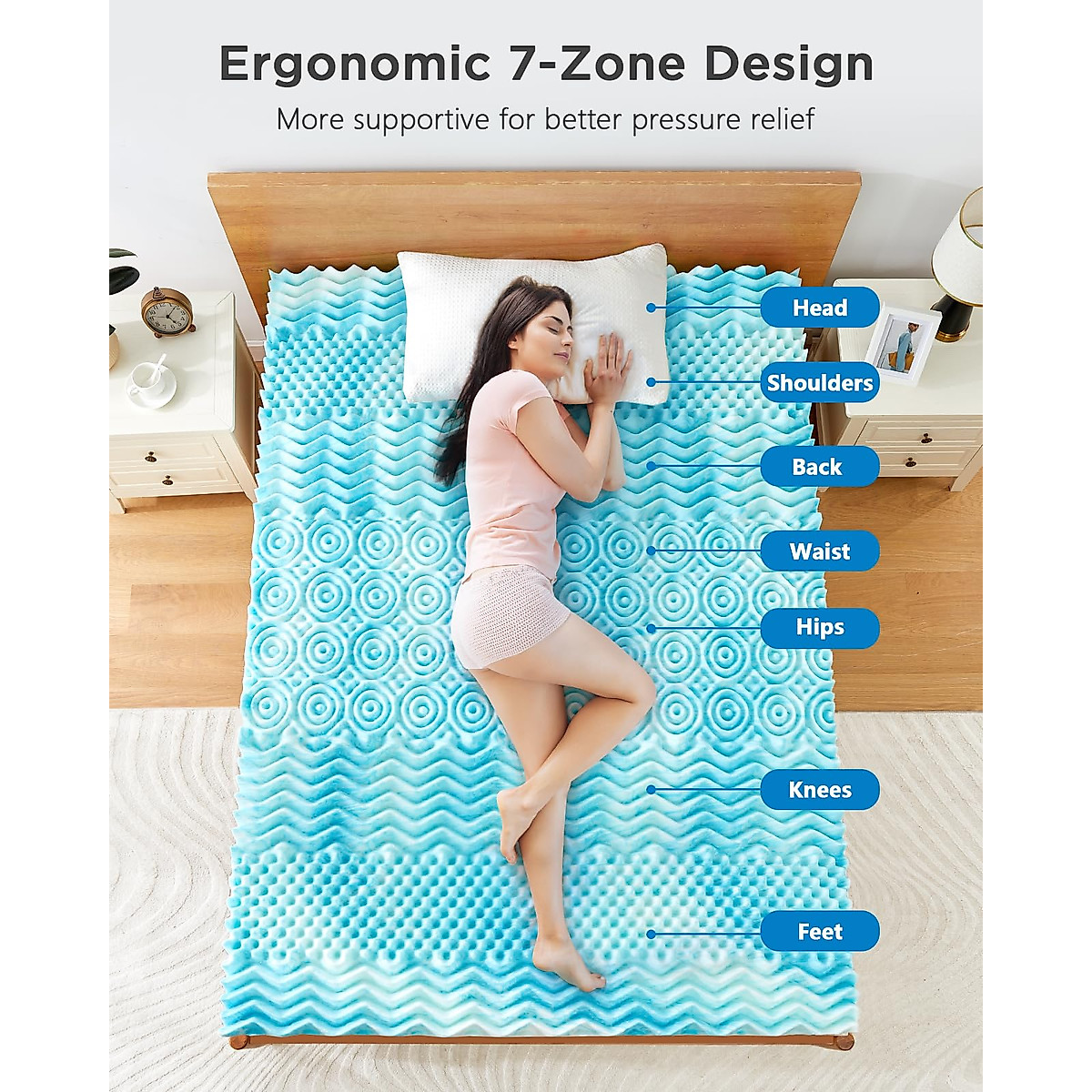 PERLECARE 3-Inch 7-Zone Queen Memory Foam Mattress Topper, Cooling Gel Mattress Topper with Airflow Channels, CertiPUR-US Certified Cooling Mattress Topper for Body Pressure Relief