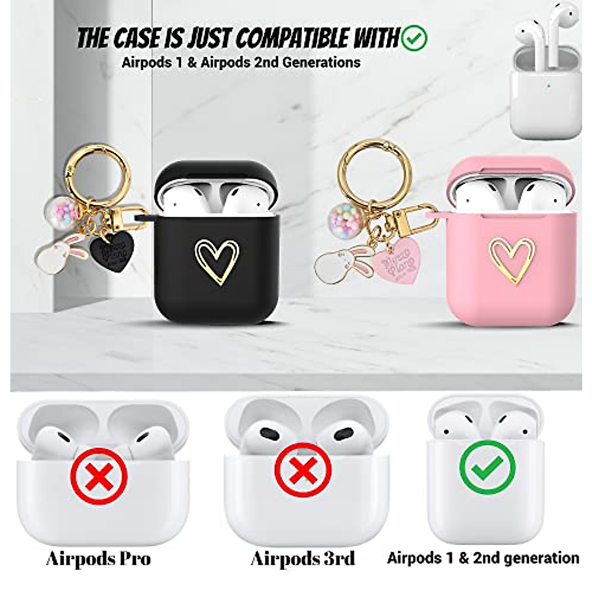 REDX1 [2 Pack] Airpods Case Gold Heart Design Protective Cover with Lucky Ball Keychain Accessories,Soft TPU for Women,Girl,Teen Compatible with Airpods 1&2nd Generation (Black,Pink)