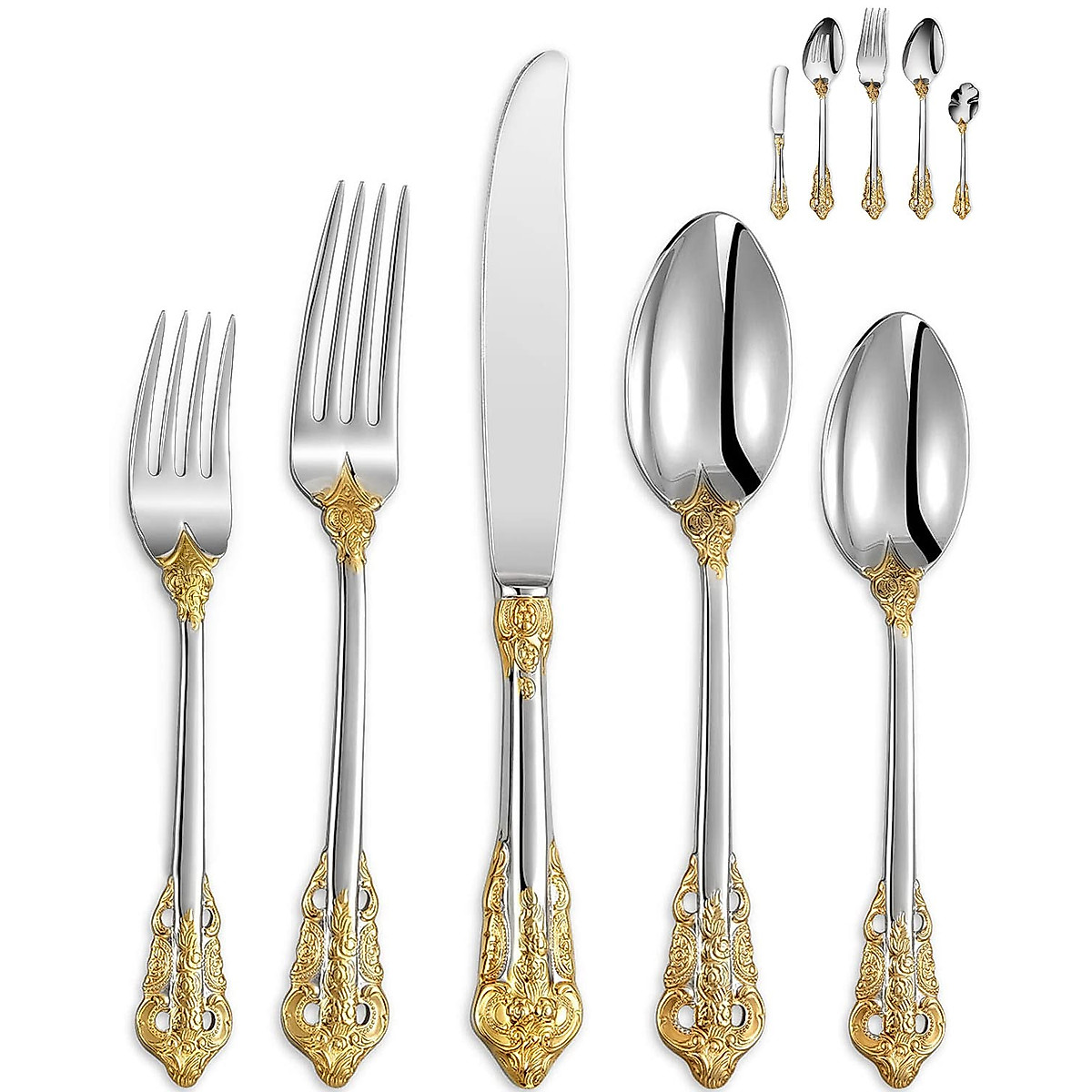 KEAWELL Luxury 65 Pieces 18/10 Stainless Steel Flatware set, Service for 12, silver plated with gold accents, Fine Silverware set and Dishwasher Safe