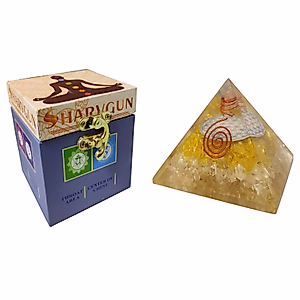 Sharvgun Orgonite Pyramid Citrine & Clear Flower of Life Crystal Orgone Pyramid Negative Energy Protection Reiki Chakra Spiritual Gift Box, 4 Crystal Healing Aura Cleasing Meditation Pyramids