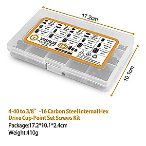 VIGRUE 390Pcs #4-40 to 3/8"-16 SAE Hex Allen Head Socket Set Screws Grub Screw Bolts Assortment Kit, Carbon Steel Internal Hex Drive Cup-Point Screws with 7pcs Hex Wrenches