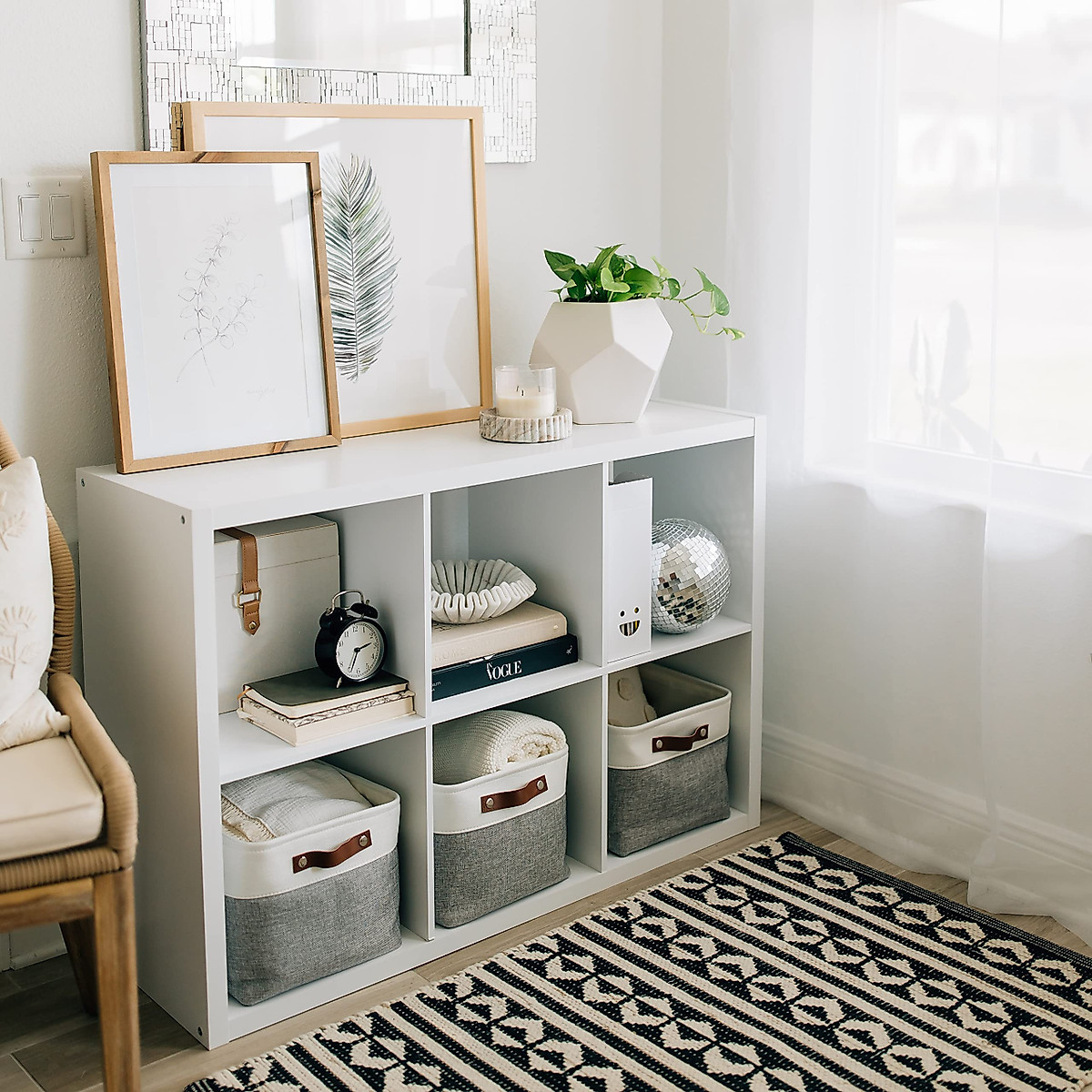 OrganiHaus Large Fabric Storage Baskets for Shelves 3 Pack | 15x11in Closet Storage Bins for Shelves | Cloth Baskets for Organizing | Linen Closet Organizers | Fabric Basket - Gray/White