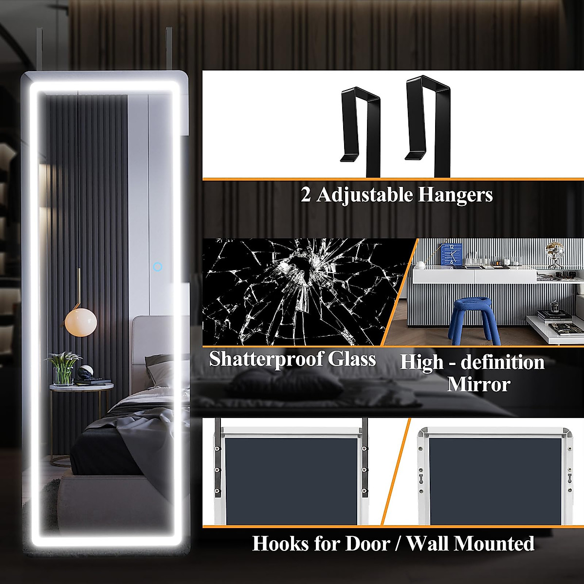 EDTEMI 39"x12" LED Lighted Wall Mounted Mirror,Over The Door Hanging Mirror,Full Body Mirror, Hanging Mirror for Bedroom Living Room Locker Room(White)