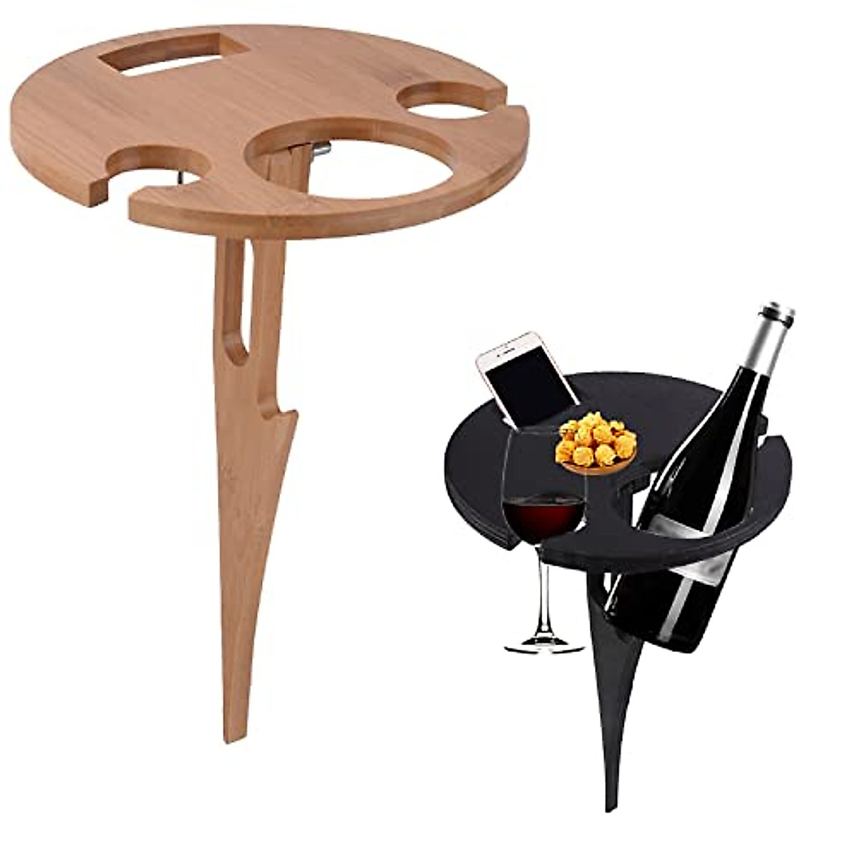 Folding Picnic Table, Camping Picnic Wine Glass Holder Outdoor Garden Round Wooden Wine Table, Small Wine Rack Portable Wine Holder Phone Stand, Wine Rack Support Beach Snack Table