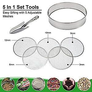 Soil Sieve Stainless Steel Riddle Sieve Set Garden Potting Sieve, 12" Diameter, with 5 Interchangeable Filter Mesh Sizes 3,6,9,10,12mm and Shovel