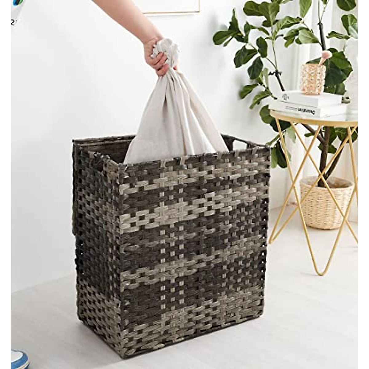 Caozichun Laundry Hamper, 110L Divided Laundry Basket with Removable Liner Bag, Handwoven Synthetic Rattan Clothes Hamper with Lid and Handles, Foldable, 22 x 13 x 24 Inches, Gray