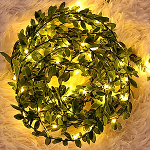 Mikasol Artificial Garland with Led Fairy Lights Battery Operated, 1 Pack Leaf Lights, Vine Hanging Lights for Bedroom, Christmas, Parties, Wedding, Centerpiece, Decoration (5m/16ft Warm White)