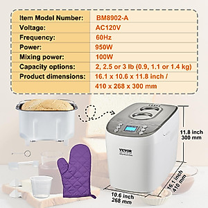 VEVOR Bread Maker, 15-in-1 3LB Dough Machine, Nonstick Ceramic Pan Automatic Breadmaker with Gluten Free Setting, Whole Wheat Bread Making, Digital, Programmable, 3 Loaf Sizes, 3 Crust Colors, White