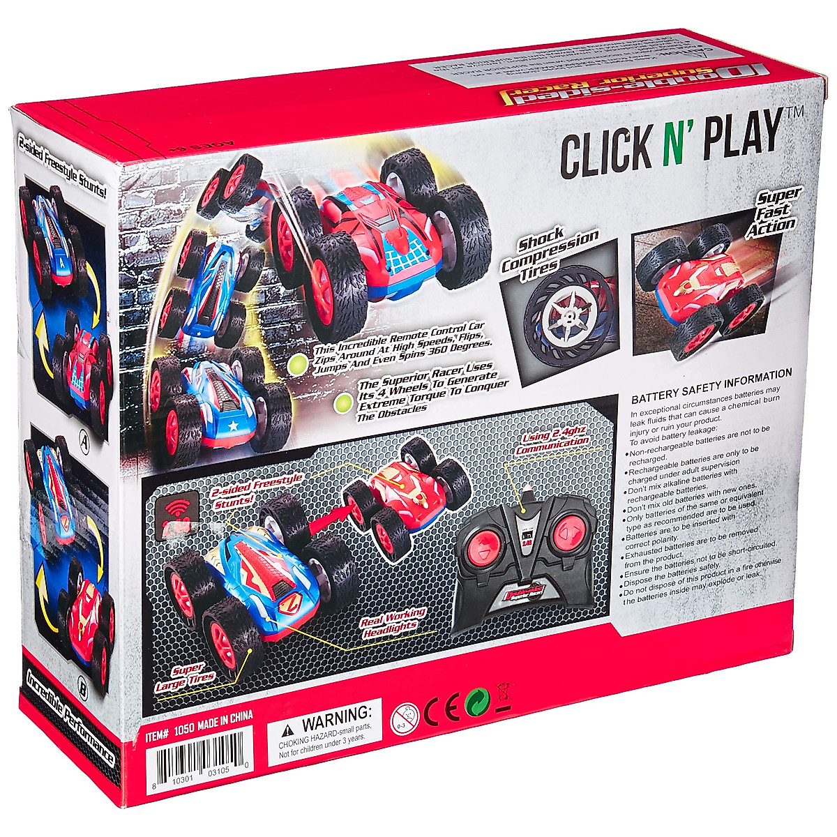 Click N' Play Remote Control Car | Rechargeable RC Stunt Car | Double-Sided Flip Off Road Radio Controlled Car with LED Lights | High Speed 2.4Ghz Remote Control Race Car | RC Cars Toys for Kids 6+