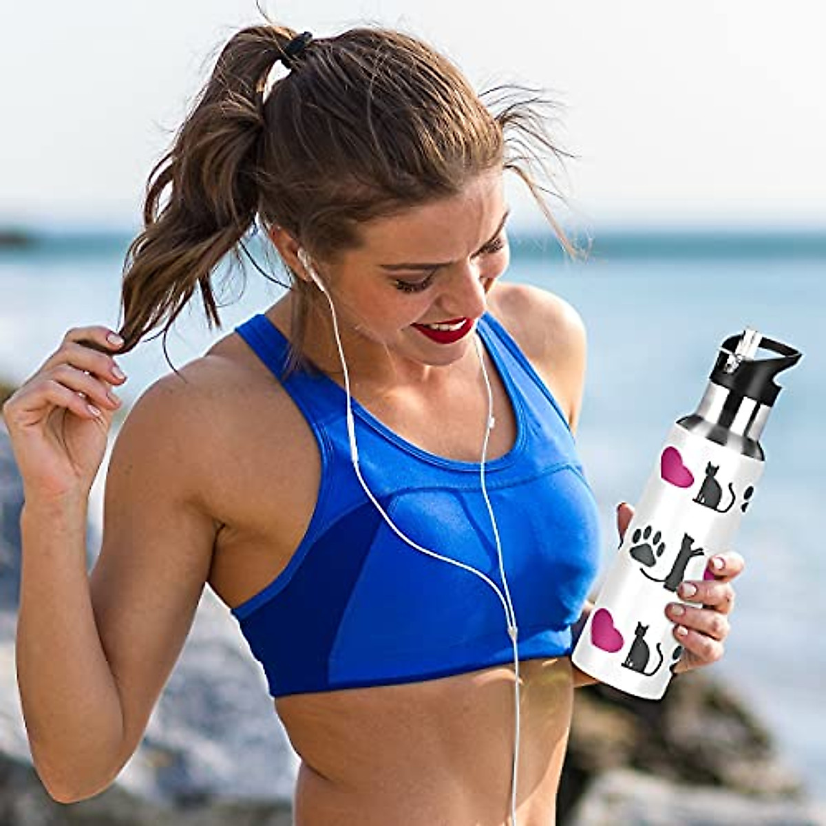 Yasala Water Bottle Black Cat Pink Heart Cute Coffee Thermos Stainless Steel Insulated Beverage Container 20 oz with Straw Lid BPA-Free for Sport, Travel, Camping, Back to School