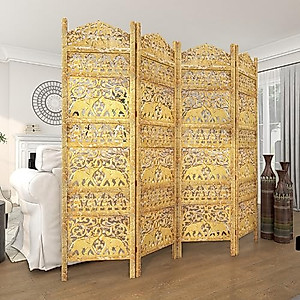 Deco 79 Wooden Scroll Handmade Partition Room Divider Screen Hinged Foldable Partition 4 Panel Privacy Screen with Carved Elephant Accents, Room Partition 80" x 1" x 72", Gold