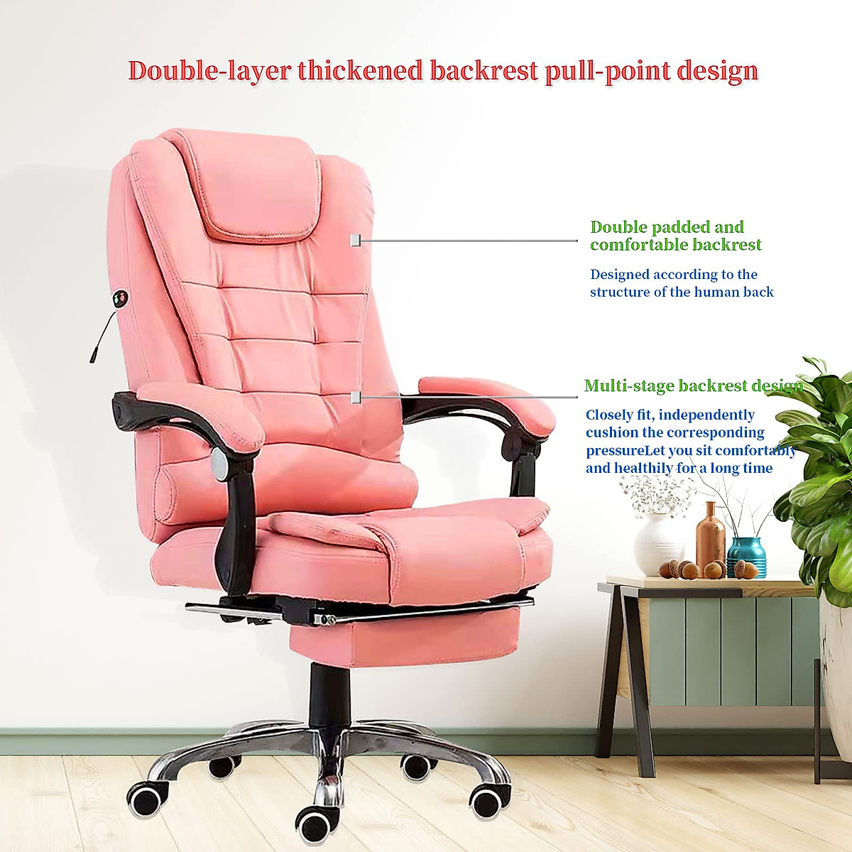 HQYXGS Massage Office Chair, Pink Gaming Chair for Adults Women Ergonomic Gaming Chair with Footrest Lumbar Support Pu Leather High Back Computer Chair Adjustable Back Recline Swivel 360°