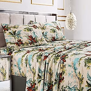 Tribeca Living Full Size Bed Sheet Set, Soft Cotton Sateen Printed Sheets Tropical Print, Extra Deep Pocket, 300 Thread Count, 4-Piece Bedding Sets, Paradise Island Multi, (PARASL4PSSFU)