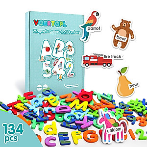 Magnetic Letters and Numbers for Toddlers, Vcertcpl 134pcs Refrigerator Alphabet Magnets for Kids ABC Learning with Animal Vehicle Fruit Patterns, Classroom Supplies Foam Letters Toys for Toddlers 3-7