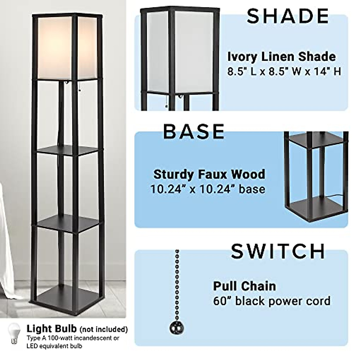 Catalina Lighting 17559-011 Modern Faux Wood Floor Lamp with Shelves and Ivory Linen Shade, 63", Classic Black
