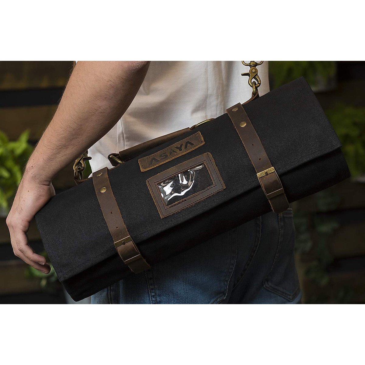 Asaya Waxed Canvas Knife Roll - 15 Knife Slots, Card Holder and Large Zippered Pocket - Genuine Leather, Cloth and Brass Buckles - for Chefs and Culinary Students - Knives Not Included
