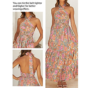 ZESICA Women's 2025 Summer Crossover Halter Neck Sleeveless Plaid Cut Out Backless Flowy A Line Maxi Dress,GreyGreen,Medium