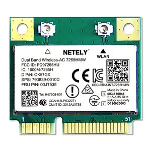 NETELY Wireless-AC 7265HMW Mini-PCIE Interface 1200Mbps WiFi Adapter with Bluetooth 4.2 for Windows 7,8.1,10,11 Laptop PCs and Desktop PCs, 2.4GHz 300Mbps & 5GHz 867Mbps, Intel Wireless-AC 7265D2W