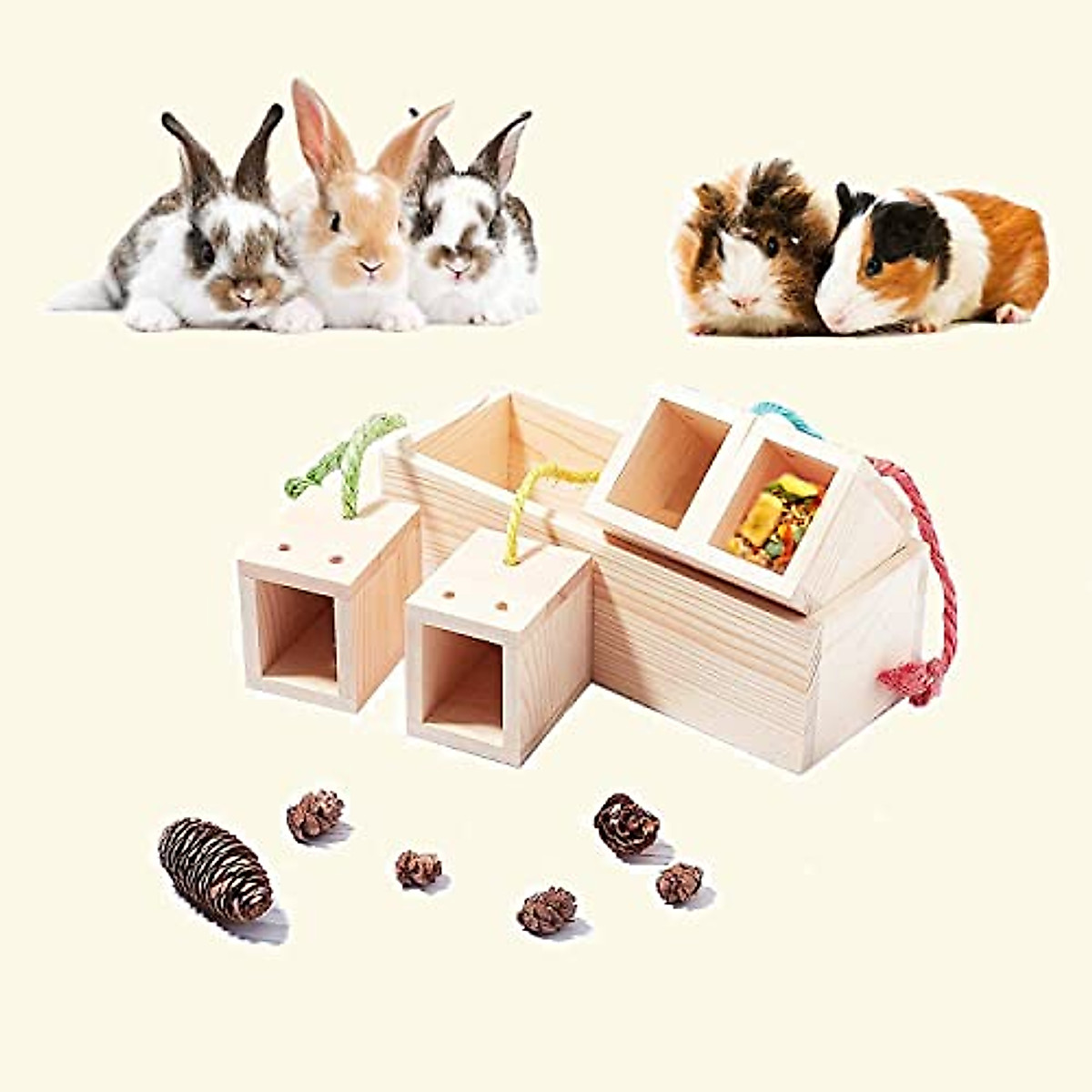 YeeBeny Wooden Small Animals Enrichment Foraging Toy, Interactive Hide Treats Puzzle Snuffle Game, for Rabbit, Hamster, Guinea Pig, Chinchilla, Bunny and Other Small Rodent Pets, Feeder Training Toys