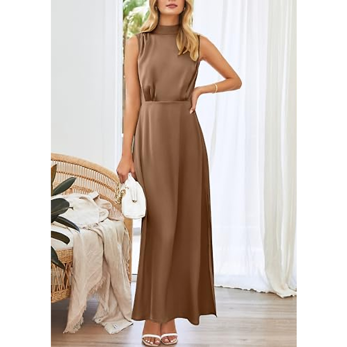 PRETTYGARDEN Women's Long Formal Satin Dress Mock Neck Sleeveless Side Slit Flowy Maxi Tank Dresses (Brown,Medium)
