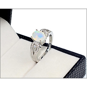925 Sterling Silver Natural Ethiopian Welo Cut Opal 9X7 MM Oval October Birthstone Solitaire Unisex Proposal Ring For Engagement Gift (Rhodium Plated Silver, 7.5)