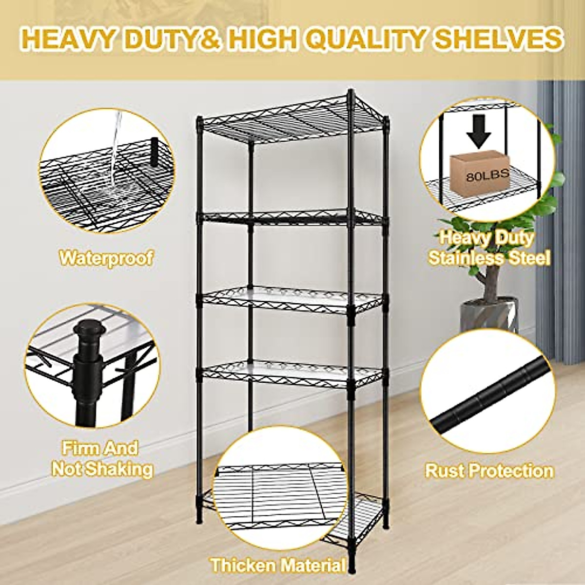 5-Tier Wire Shelving Unit and Storage, Shelves for Storage Height Adjustable Metal Wire Rack Shelving for Garage Kitchen Pantry Closet Laundry Bathroom Load 440LBS (21.5W x 11.5D x 59.5H inch)