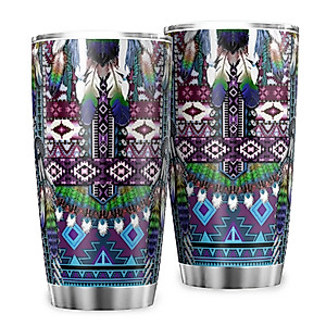 Native American Tumbler With Flip Lid Stainless Steel Coffee Cups Vacuum Insulated Travel Mug for Ice Drink Travel Mug for Office Coffee Cups High-capacity Water Cups (20oz, Native American)