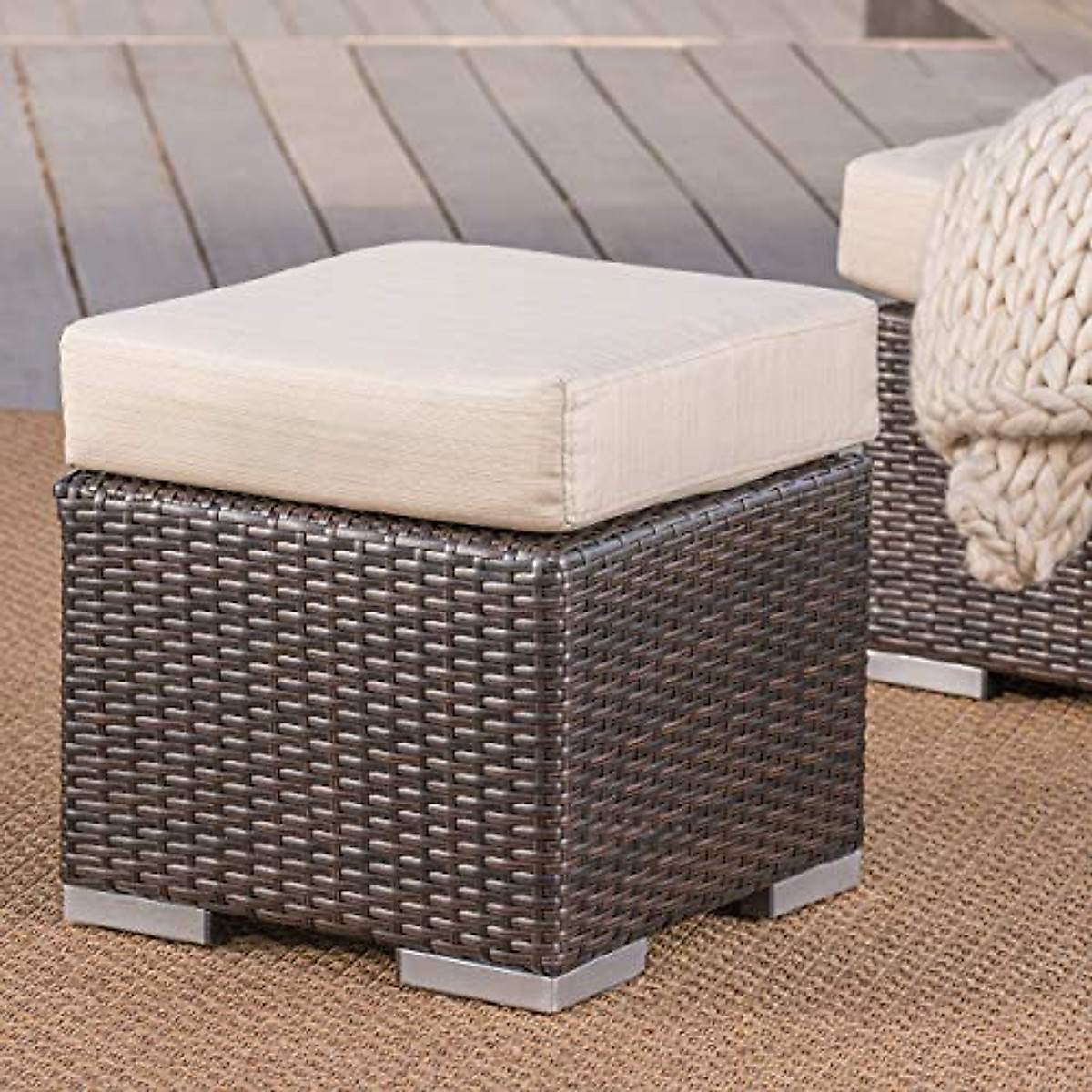 Christopher Knight Home Santa Rosa Outdoor 16" Wicker Ottoman Seat with Water Resistant Cushion, Multibrown / Beige
