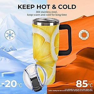 Lemon Slice Pattern 40 Oz Water Bottle, Stainless Steel Tumbler with Handle And Straw, Extra Large Insulated Tumbler, Flip Straw Tumblers for Sports, Work, Car, Travel And Weekends