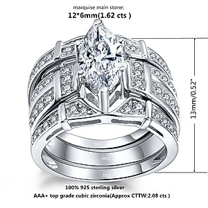 MABELLA Trio CZ Marquise 925 Sterling Silver Wedding Ring Set Bridal Engagement Gift for Women Size 8