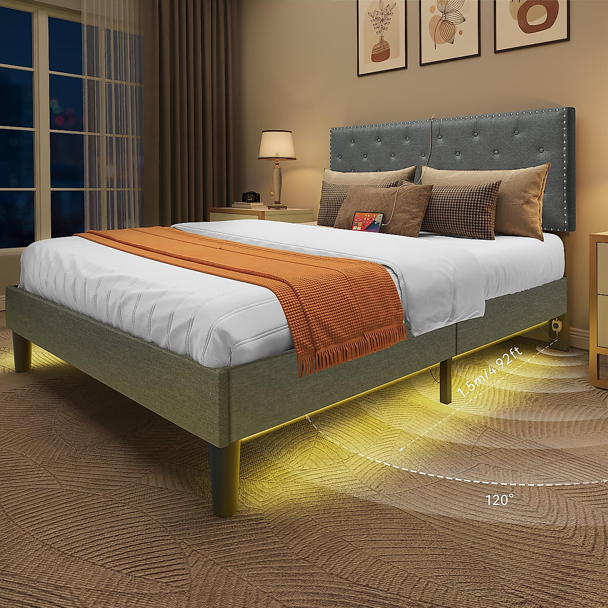 YITAHOME Queen Size Bed Frame, LED Bed Frame with Upholstered Adjustable Diamond Headboard, Platform Bed with USB Ports & Motion Sensor Light, Easy Assembly, No Box Spring Needed, Gray