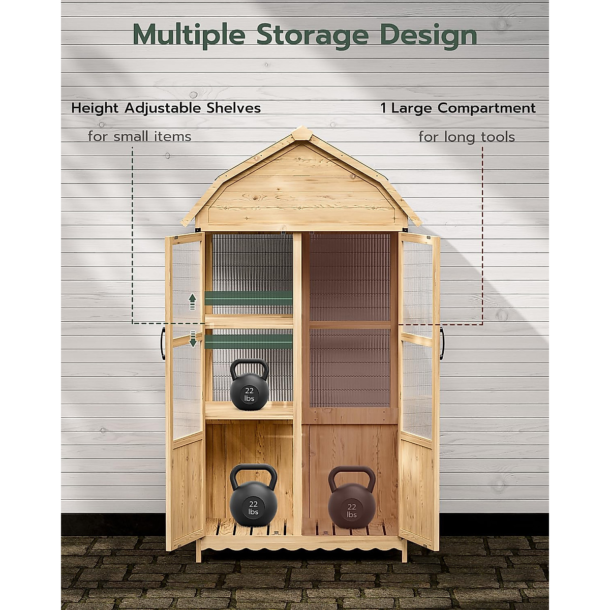 Oarlike Wooden Outdoor Storage Cabinet, 71" Weatherproof Garden Shed with Shelves, Waterproof Roof, Tool Storage for Patio/Backyard/Lawn/Pool (Natural Wood)