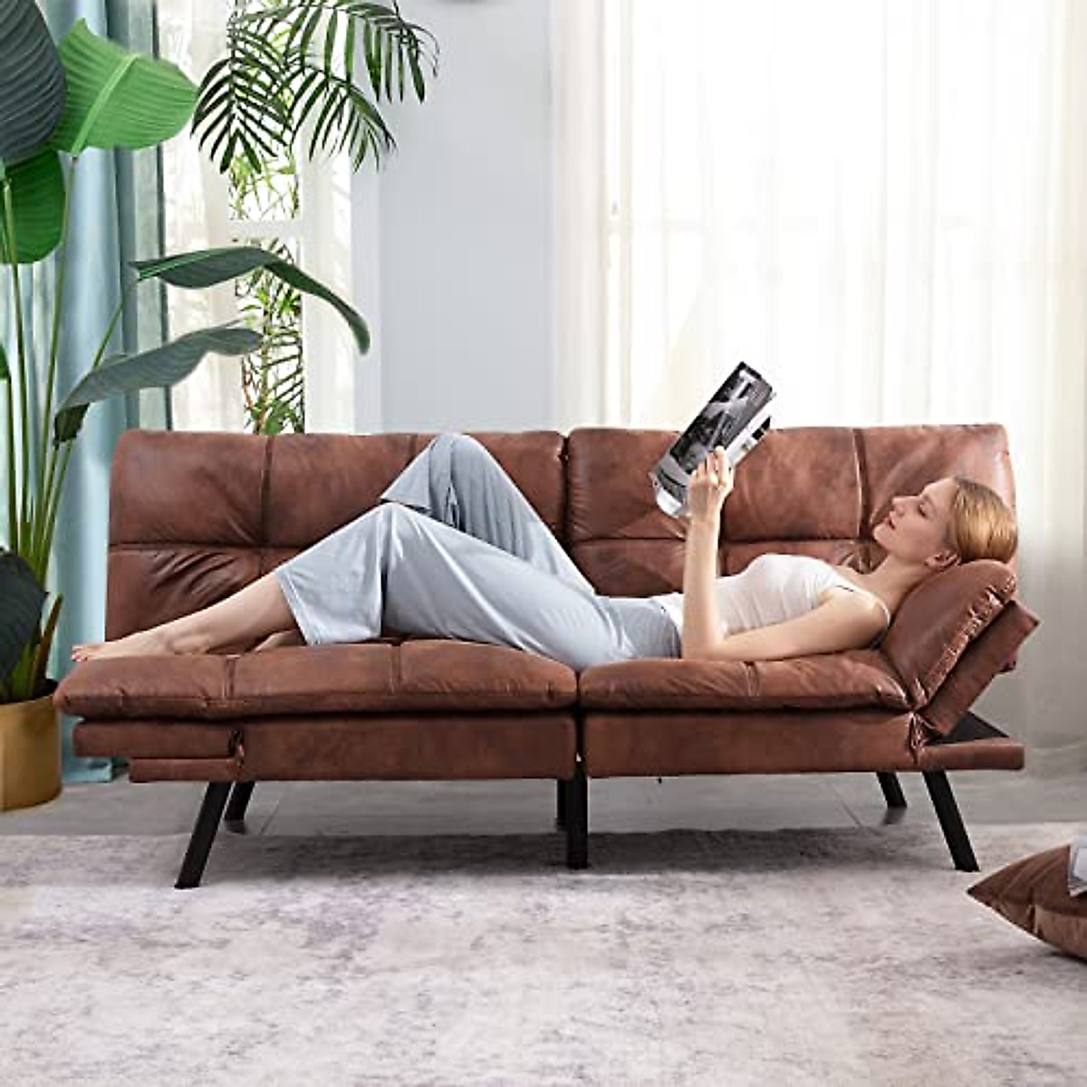 Opoiar Leather Futon Sofa Bed,Convertible Memory Foam Couch Bed,Futon Sets Daybed with Mattress Included,Folding Modern Sleeper Sofa Love seat for RV Car Living Room&Bedroom Small Space,Brown