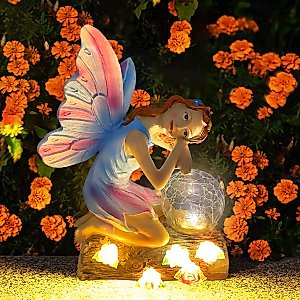 PERFECTOP Solar Angel Garden Statue Outdoor Decor, Resin Fairy Angel Elf Girl Figurine with Solar Lights, Garden Art for Patio Lawn Yard Porch Wedding Home Decoration, Valentine's Day Women Gifts