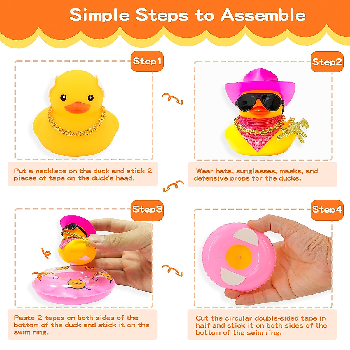 Duck Dashboard Decorations - Rubber Duck for Dashboard of Car, Yellow Duck Car Dashboard Decorations, Squeak Ducks Car Ornaments Car Décor Accessories with Hat Swim Ring Necklace Sunglasses