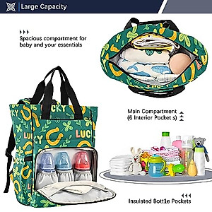 St Patricks Clover Diaper Bag Backpack for Baby Boys Girls Multifunction Baby Essentials Travel Tote with Stroller Straps & Bottle Storage Large Travel Diaper Backpack for Traveling Shopping Hiking