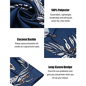 COOFANDY Long Sleeve Hawaiian Shirts for Men Palm Leaf Printed Button Down Shirts Cuban Collar Hawaiian Floral Shirt Palm Leaf L