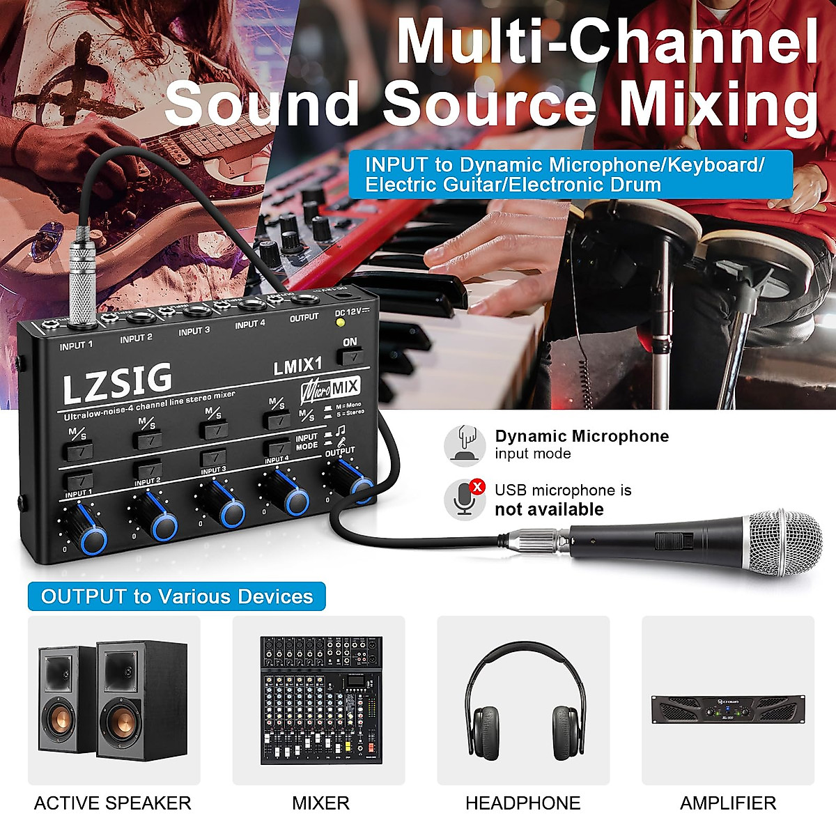 LZSIG Mini Audio Mixer,Stereo Line Mixer for Sub-Mixing,Ultra Low-Noise,4-Channel,Dynamic Microphone Independent Control, 1/4" & 1/8" TRS Output and Input,for Guitars,Bass,Keyboards (Small(4-Channel))