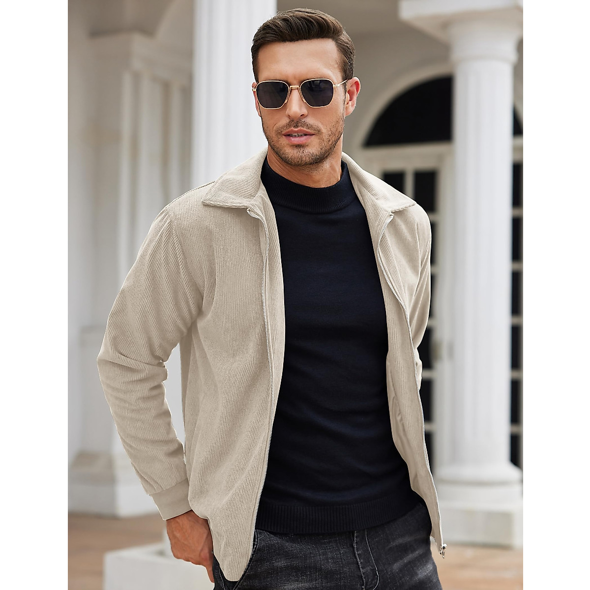 COOFANDY Men's Casual Corduroy Lightweight Jacket Cream Collared Bomber Jacket