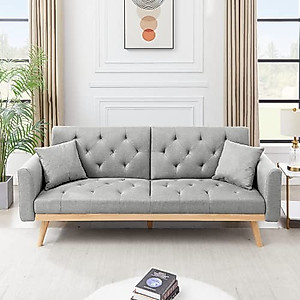 AWQM Convertible Sofa Bed, Fabric Linen Folding Futon Sofa Bed,Upholstered Loveseat Futon Couch Bed,Adjustable Couch Sleeper w/Wood Legs,Pull Out Couch for Small Space, Living Room,Office,Light Grey